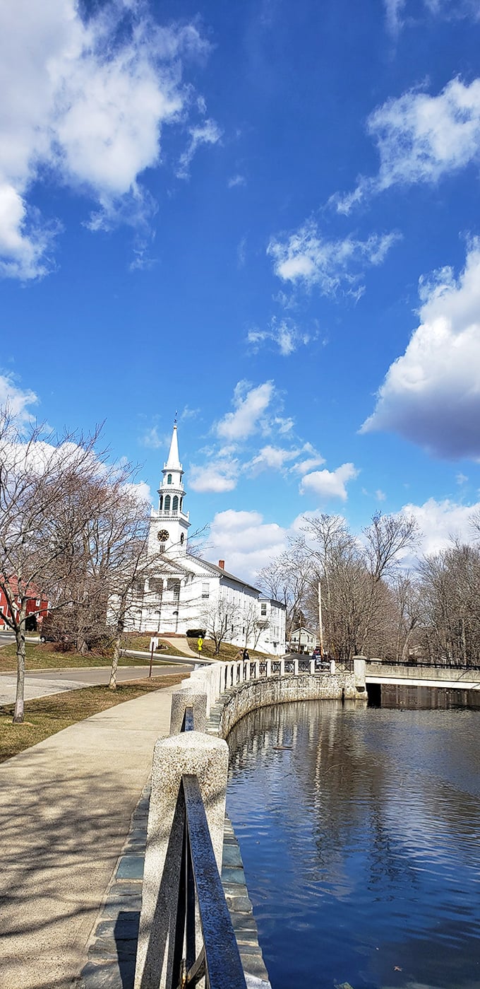 The Wepawaug River curves gracefully past the historic church. Even on ordinary weekdays, Milford serves up postcard-worthy scenes.