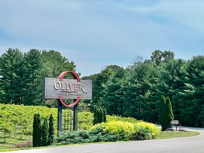 The elegant oval sign announces your arrival to wine country&mdash;plot twist: you're still in the Hoosier state!