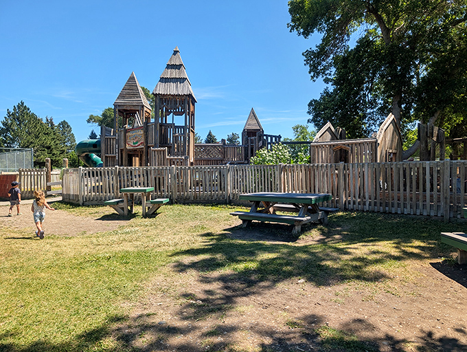 This wooden playground castle might be the best real estate deal in town&mdash;where kids rule their own kingdom while parents enjoy mountain views.