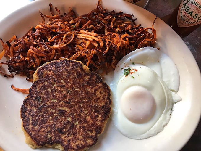 Crispy shredded potatoes, a golden pancake, and eggs cooked with surgical precision. The breakfast trifecta that dreams are made of.