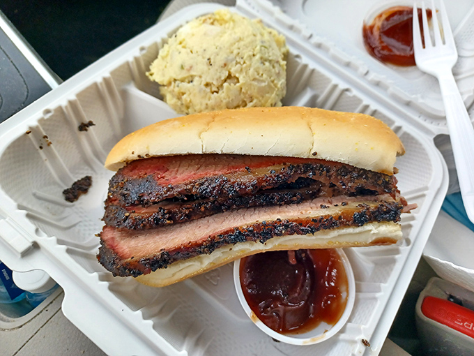 Brisket sandwich perfection &ndash; that smoke ring doesn't lie. The kind of sandwich that makes conversation impossible except for appreciative mumbling.