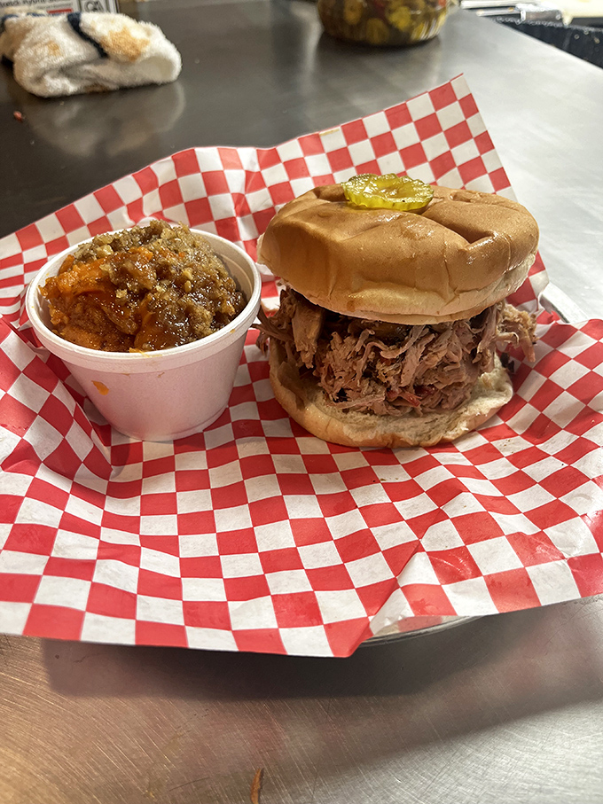 A pulled pork sandwich so generous, it makes your cardiologist nervous and your taste buds ecstatic.