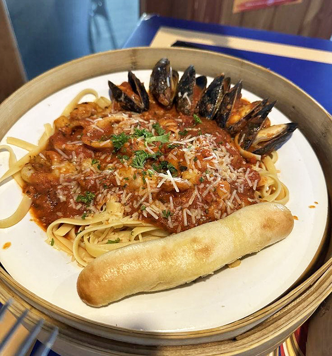 Seafood pasta that looks like it should have its own Instagram account. Those mussels are clearly showing off.