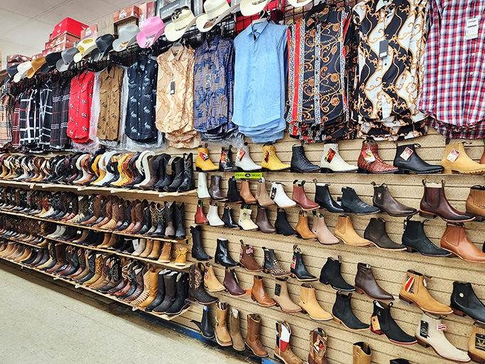 Boot boulevard stretches as far as the eye can see. Cowboys, hipsters, and practical folks alike find their sole mates in this leather wonderland.