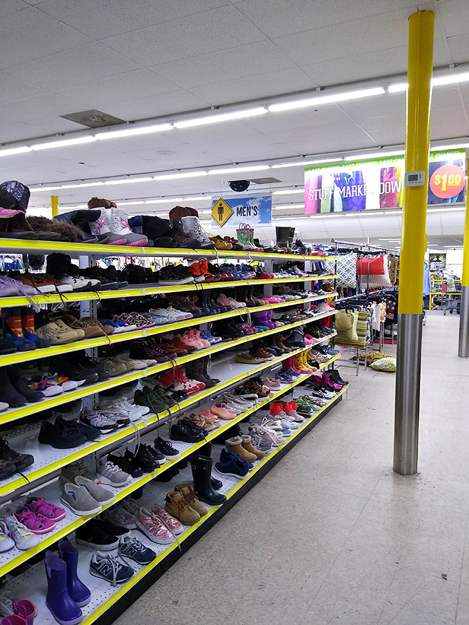 Footwear paradise! From barely-worn sneakers to vintage boots, these yellow shelves hold the next chapter in your shoe story.