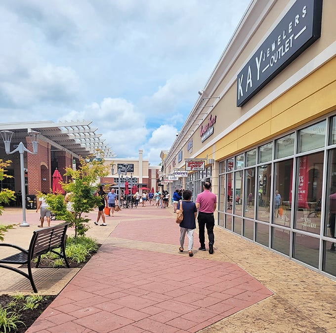 Retail therapy in full swing! Sunlight streams through as shoppers navigate the colorful promenade, where every storefront promises treasure hunting at its finest.
