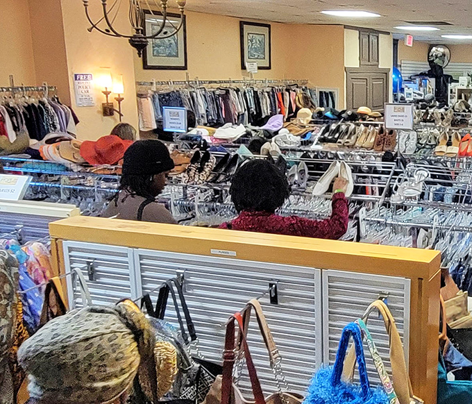 The thrill of the hunt in action &ndash; shoppers carefully examining potential treasures, each rack a possibility for that perfect unexpected find.