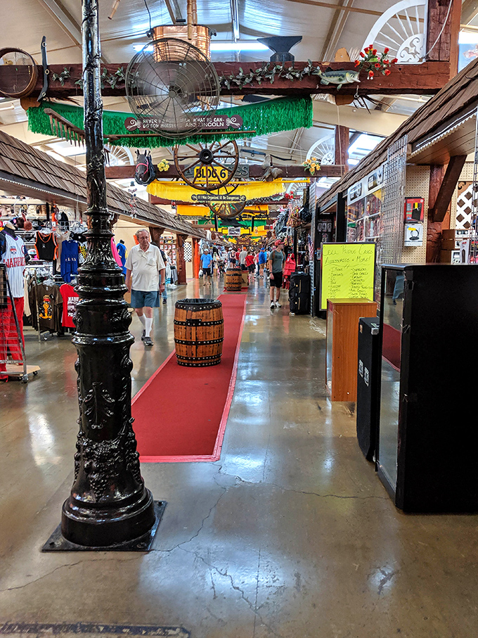 Where rustic meets retail therapy. The wooden beams and hanging wagon wheels create an atmosphere that's part barn, part bazaar, and entirely captivating.