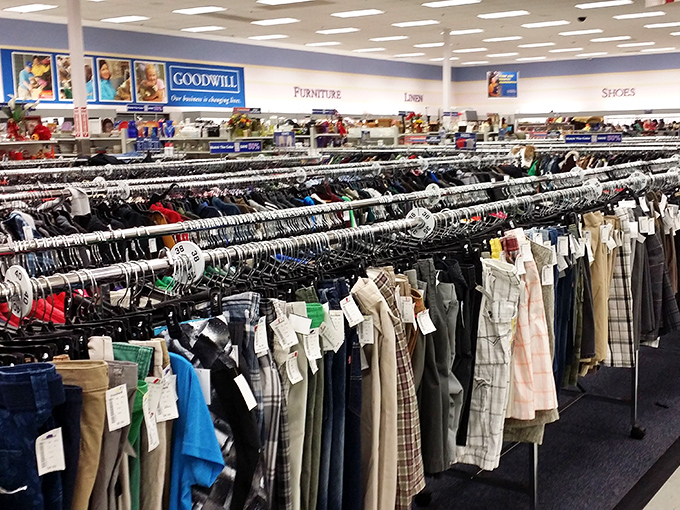 Men's pants, meticulously organized by size and style &ndash; proof that one person's abandoned wardrobe becomes another's fashion revolution.