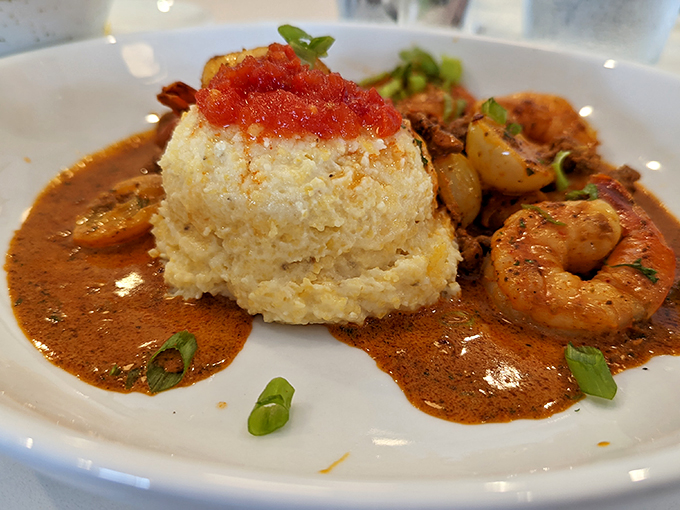 Shrimp and grits elevated to an art form. That mound of creamy goodness surrounded by plump shrimp is the South's gift to coastal Delaware.