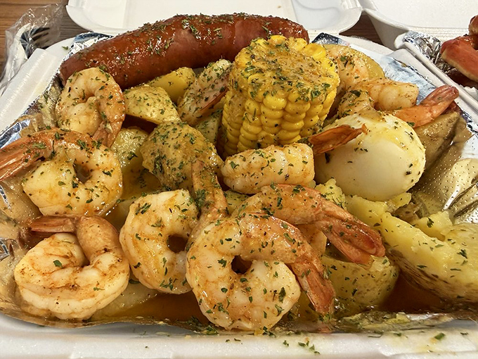 Plump shrimp nestled among potatoes and corn&mdash;proof that sometimes the simplest combinations create the most profound happiness.