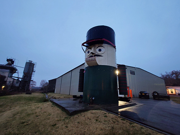 Twilight transforms the nutcracker into a mysterious silhouette&mdash;part industrial relic, part fantastical guardian of small-town charm.