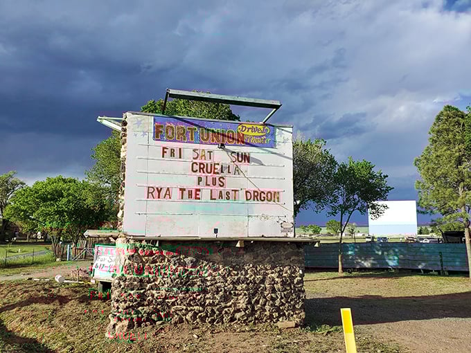 The vintage marquee announces tonight's double feature, a charming throwback to simpler times when movie titles in bold letters promised adventure.