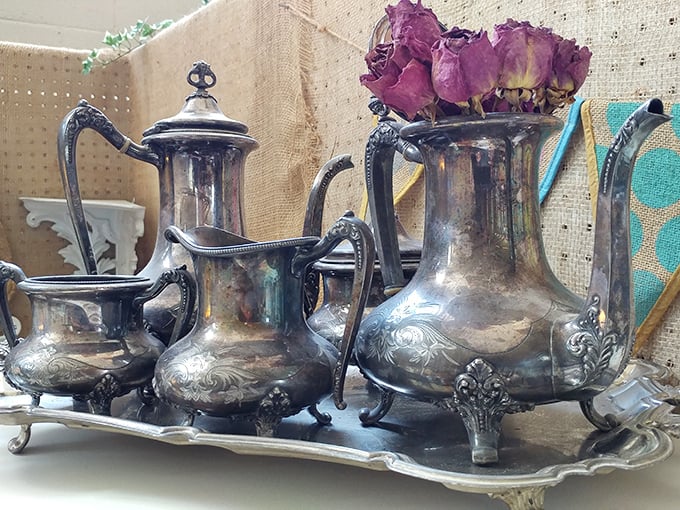 Silver tea service fit for Downton Abbey, now waiting for its second act in someone's home. Carson would definitely approve.