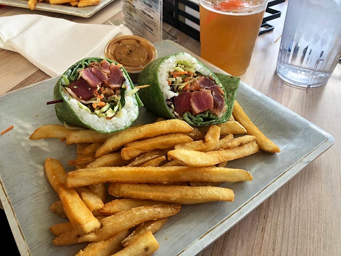 Sushi meets Florida in this vibrant tuna wrap. Fresh, colorful, and served with fries that look hand-cut &ndash; lunch doesn't get more satisfying than this.