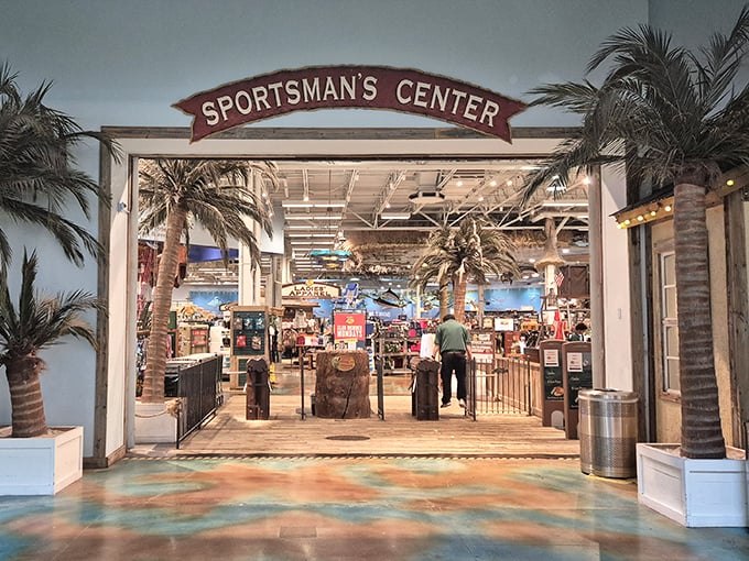 The Sportsman's Center entrance, where palm trees and fishing gear create Miami's unique blend of tropical paradise meets outdoor adventure headquarters.