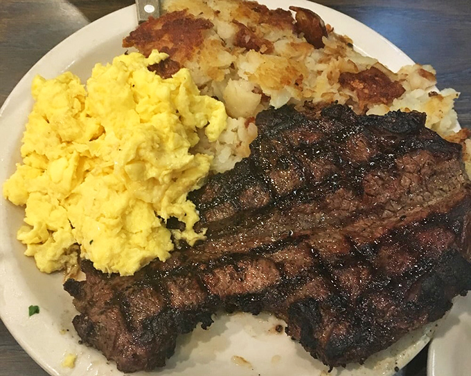 The breakfast of champions isn't cereal &ndash; it's this perfectly charred steak alongside scrambled eggs and country potatoes that glisten with griddle goodness.