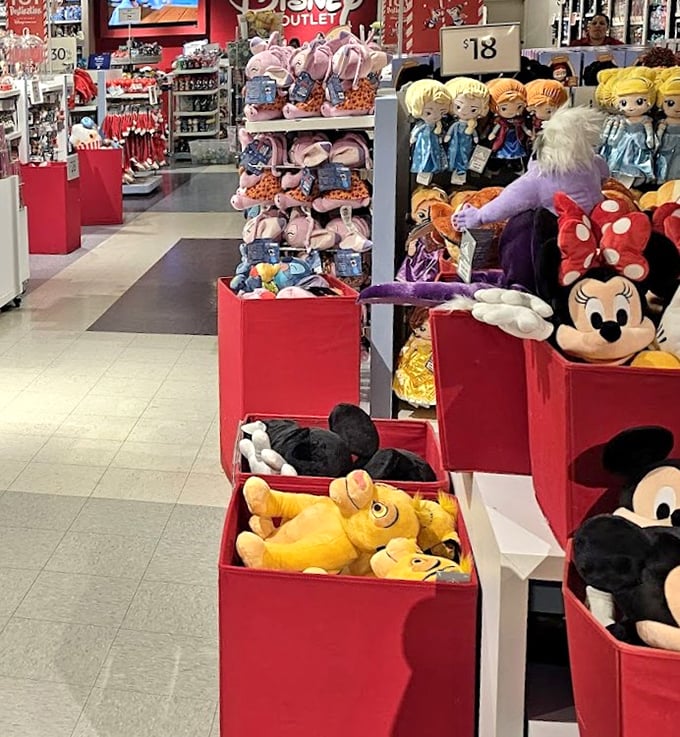 Mickey and friends await adoption at the Disney store. These plush pals cost less here than inside the parks&mdash;now that's real Disney magic!
