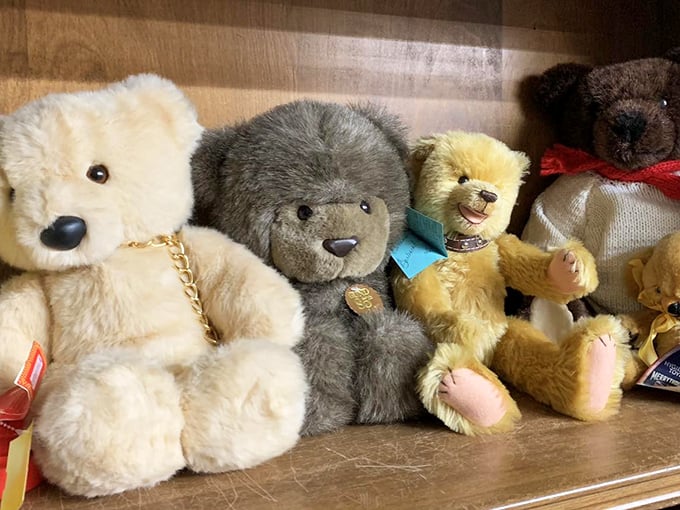 Teddy bears lined up like hopeful orphans, their button eyes silently pleading, "Take me home!"