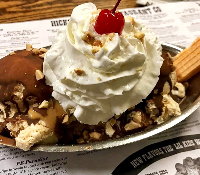 Not so much a sundae as an architectural achievement of ice cream, hot fudge, and enough whipped cream to hide in.