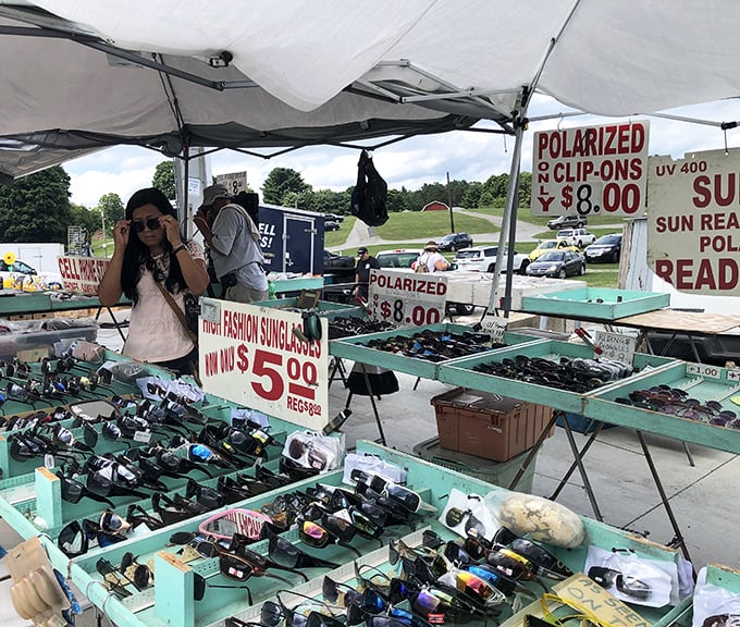 "Try before you buy" takes on new meaning at the sunglasses booth, where fashion and function meet at prices that make designer stores weep.