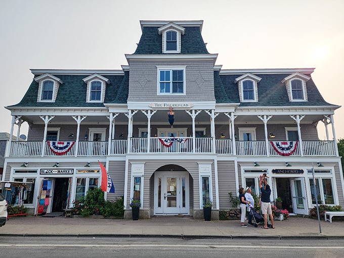 The Figurehead building anchors Old Harbor with classic New England architecture. Those patriotic buntings aren't just for show&mdash;they're a permanent state of mind here.