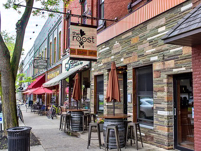 The Roost and neighboring shops offer sidewalk seating where your coffee stays hot and the people-watching stays interesting. Small-town Main Street perfection.