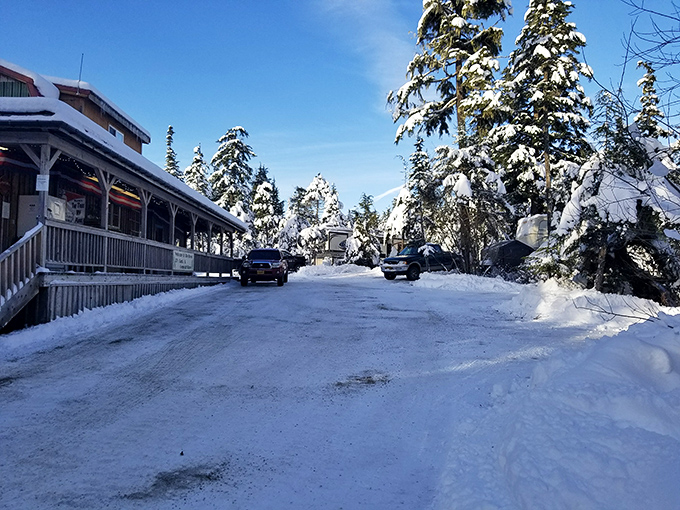 Winter transforms The Trees RV Park into a snow globe scene where even practical buildings look magical.