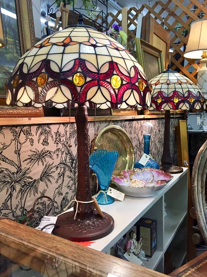 Tiffany-style lamps cast the kind of warm, honeyed glow that no amount of modern LED technology can replicate.