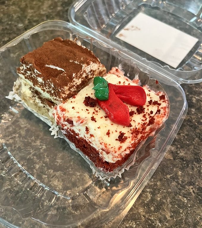 Red velvet and tiramisu squares sharing a container&mdash;the dessert equivalent of getting the band back together for one last delicious tour.
