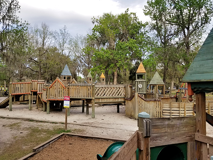 Kids' laughter echoes across Tom Varn Park's wooden playground&mdash;a reminder that affordable small towns still prioritize family-friendly public spaces. 
