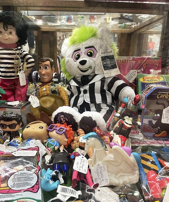 A toy display that proves one generation's childhood obsessions never truly disappear—they just appreciate in value and nostalgic potency.