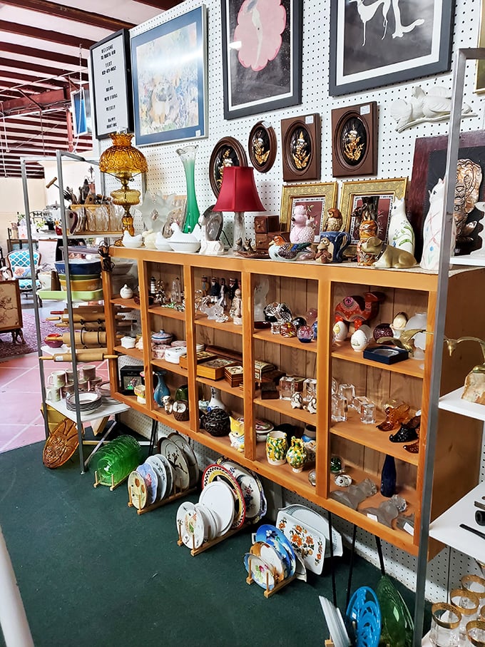 Every shelf tells a different story. This booth looks like your stylish grandmother's china cabinet after it swallowed an estate sale and developed excellent taste.