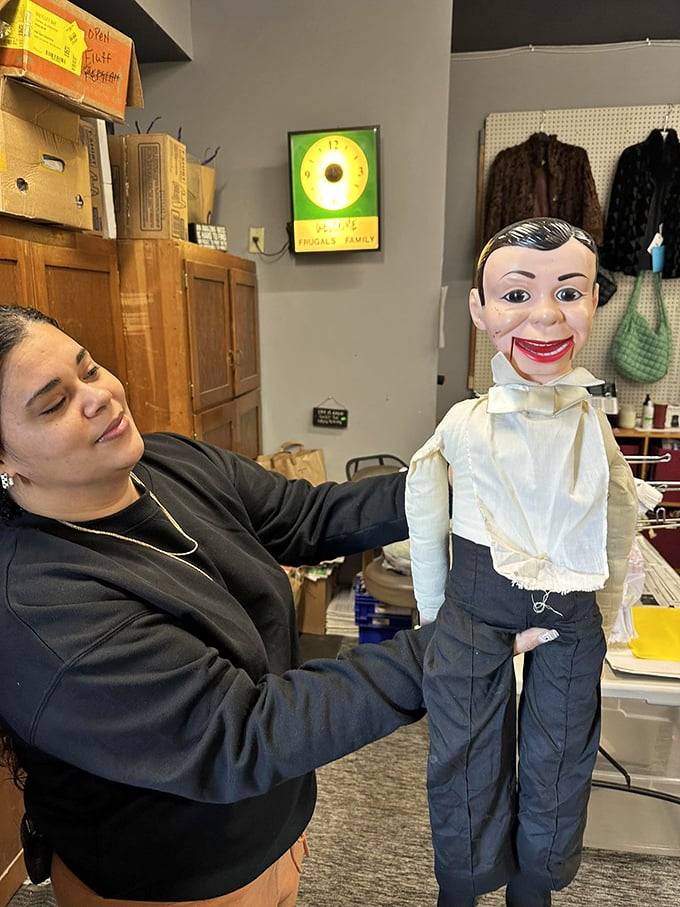Even ventriloquist dummies deserve a second chance! This vintage performer waits patiently for a new home, slightly unsettling smile and all.