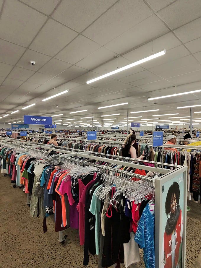 Women navigate the color-coded clothing jungle, where yesterday's fashion finds tomorrow's appreciative audience.