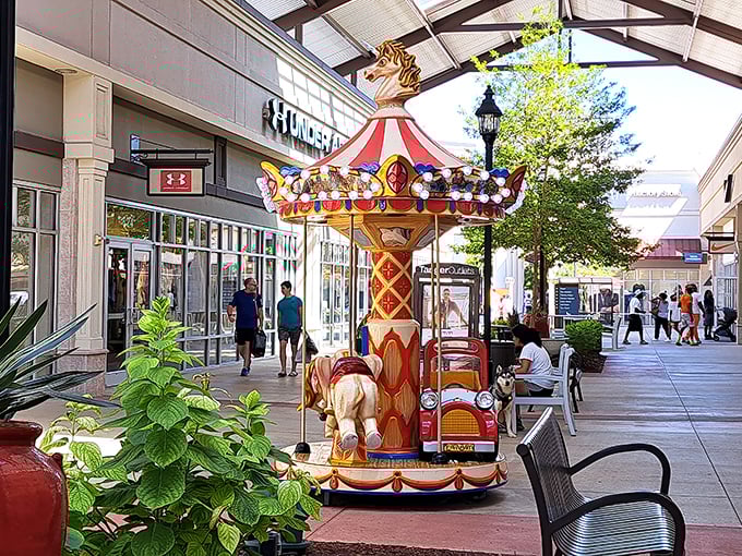 Whimsical carousel rides offer a nostalgic break between shopping sprees. When your credit card needs cooling off, a wooden horse provides the perfect timeout.