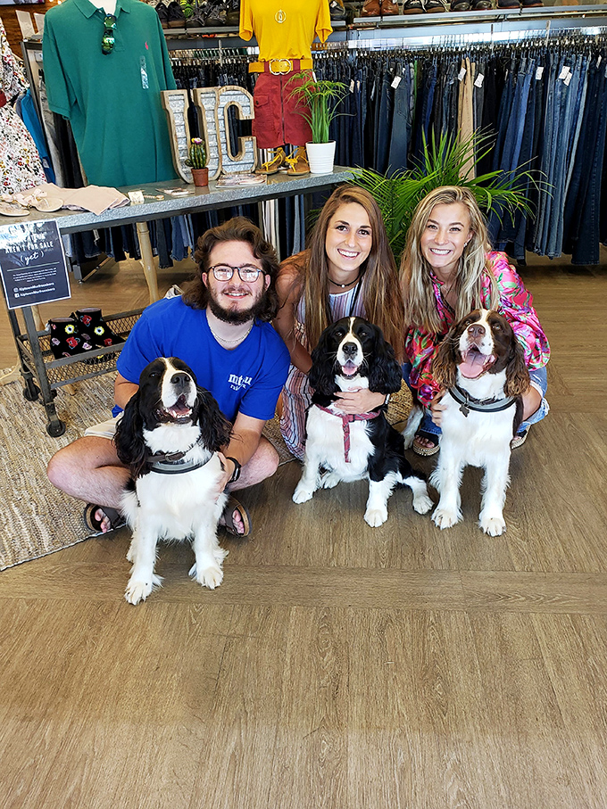 The store welcomes four-legged friends too! Nothing says "community vibe" like shoppers and their pups hunting for fashion treasures together.