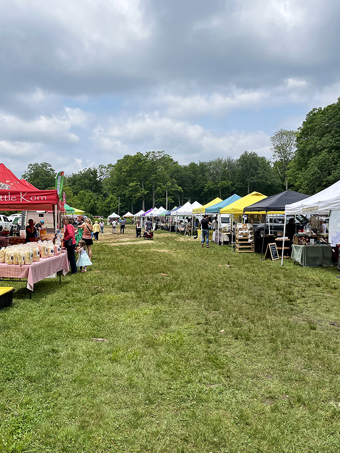The rainbow of tent colors rivals the produce beneath them. Notice how everyone walks with purpose—they're on a mission for the good stuff.