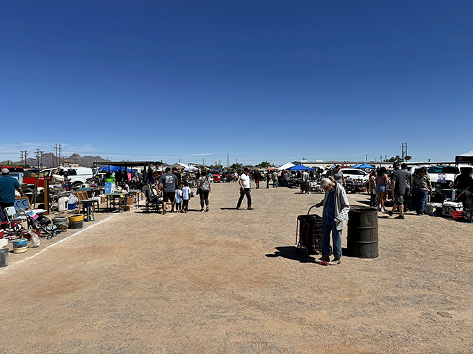 The weekend crowd navigates the dusty thoroughfares between stalls, each person on their own treasure hunt through this desert marketplace.