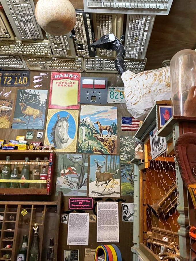 Every inch tells a story—from vintage license plates to paint-by-number wildlife art hanging in organized chaos.