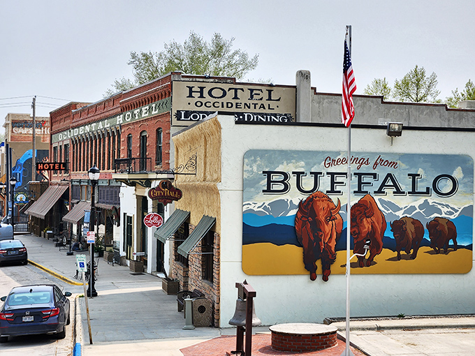 The "Greetings from Buffalo" mural alongside the historic Occidental Hotel &ndash; where Instagram meets the 1880s in perfect harmony.