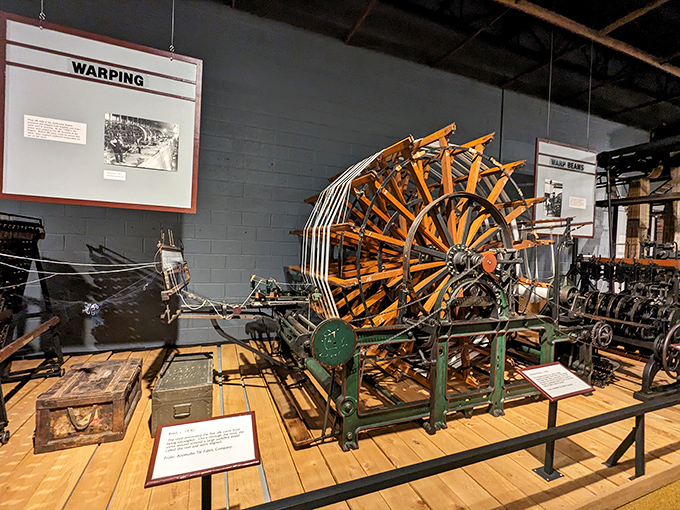 The warping machine stands as a testament to textile innovation. It's like the industrial revolution's answer to untangling your holiday lights.