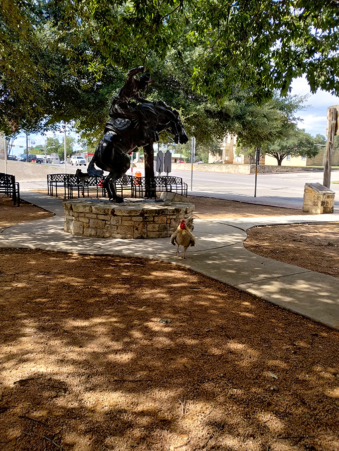 This bronze bucking bronco statue captures Bandera's spirit perfectly &ndash; even the local chickens seem to appreciate the artistry of a good rodeo.