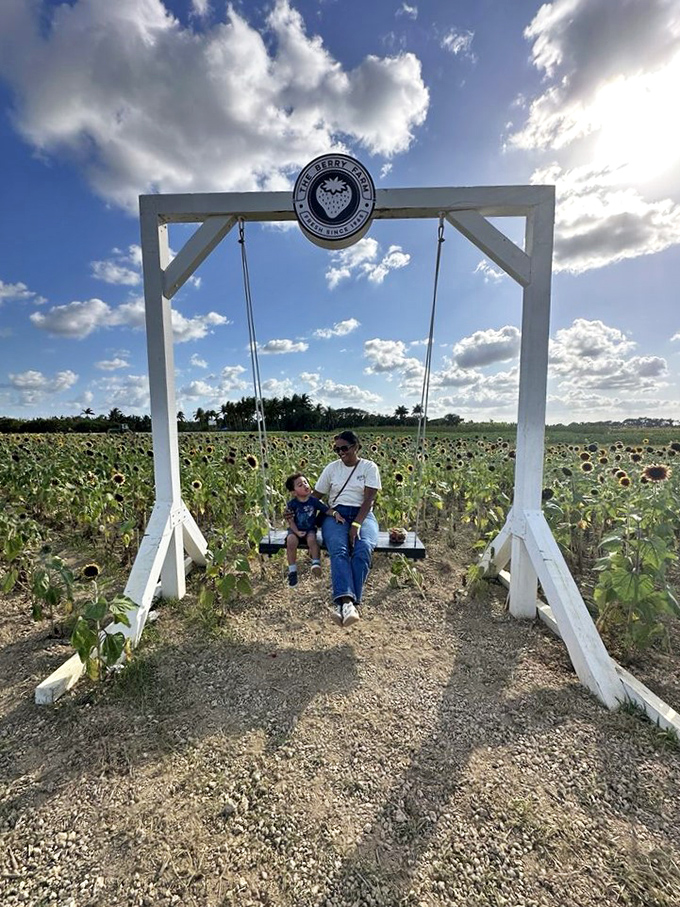 A picture-perfect swing set against a backdrop of sunflowers&mdash;because after picking berries, everyone deserves a moment of childhood nostalgia.