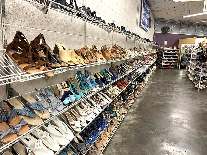 A shoe lover's paradise where stilettos, sandals, and sensible flats coexist in harmony. Cinderella would have saved herself a lot of trouble here.
