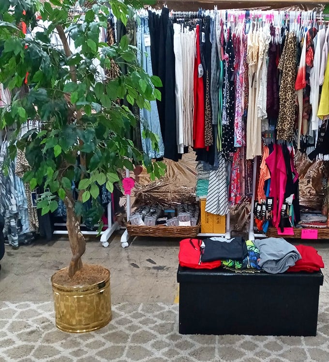 Clothing racks create a jungle of fashion possibilities where leopard print coexists peacefully with plaid and polka dots.