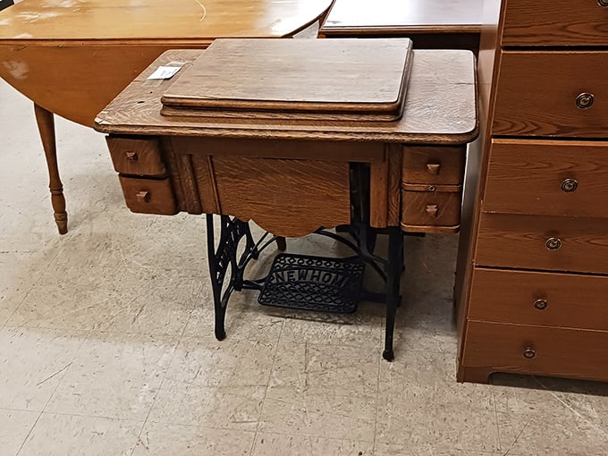 That's not just a sewing machine table&mdash;it's a portal to your great-grandmother's era. Solid craftsmanship that's outlived several smartphone generations.