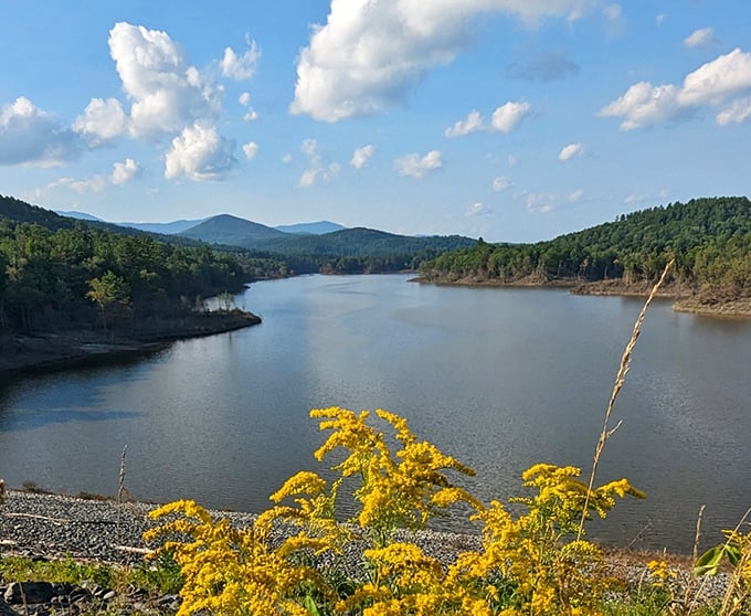 Wrightsville Dam creates a serene reservoir where mountains meet water – nature's perfect mirror reflecting Vermont's unspoiled landscape.