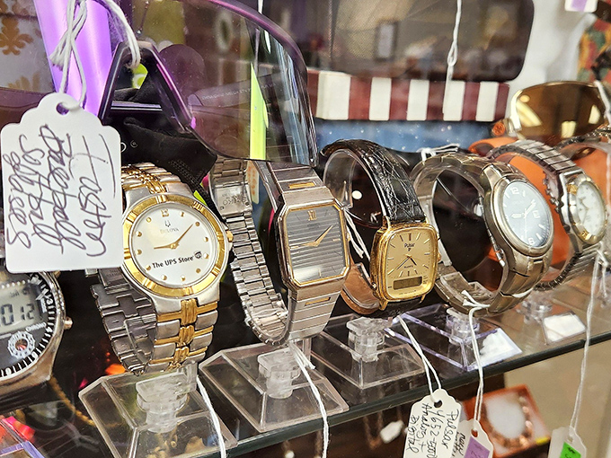 Time stands still in this display case, where vintage wristwatches tick with stories of previous owners.