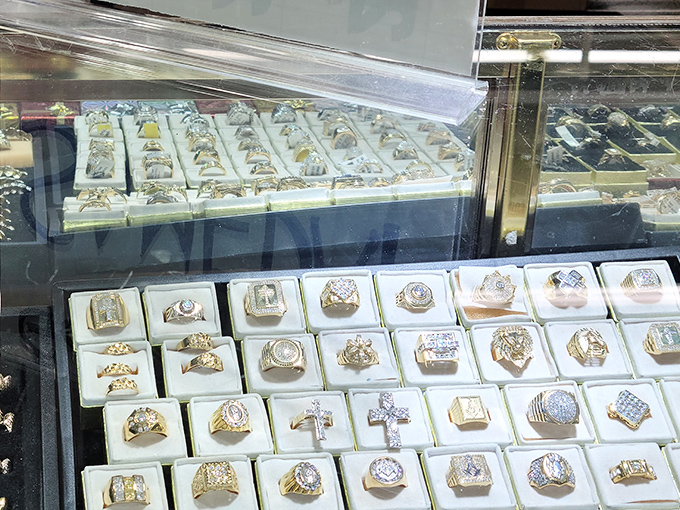 Jewelry displays that sparkle with possibility. One person's "bit much" is another's "exactly right"&mdash;that's the beauty of flea market treasure hunting.